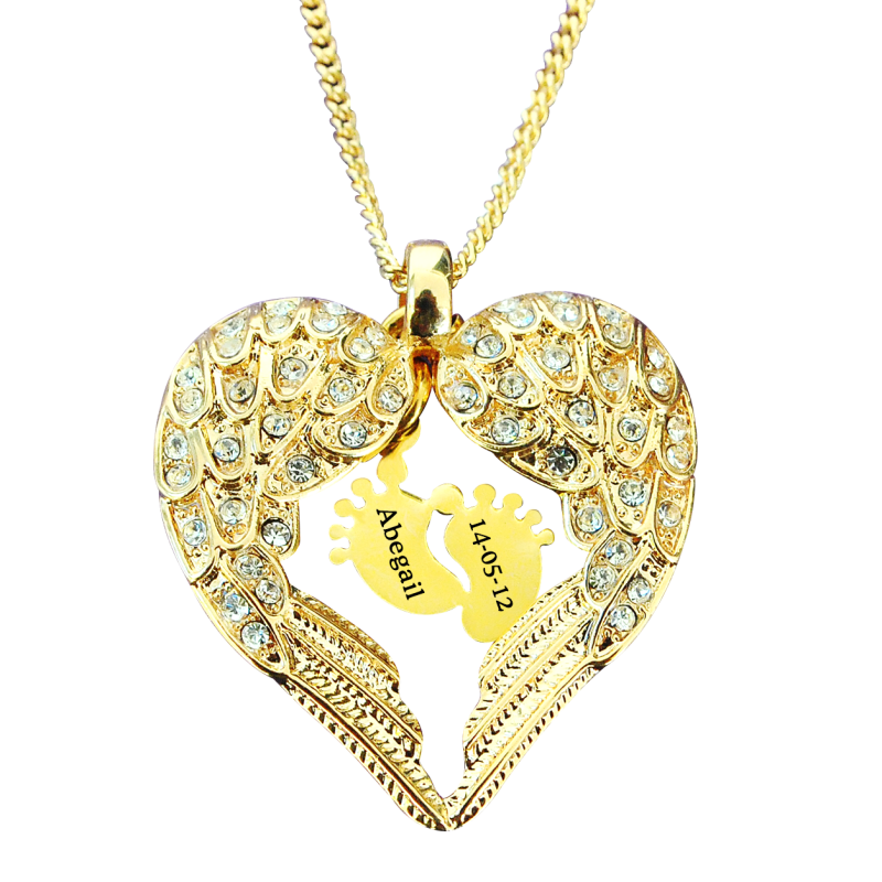 Personalised Angels Heart Necklace with Feet Insert - GOLD